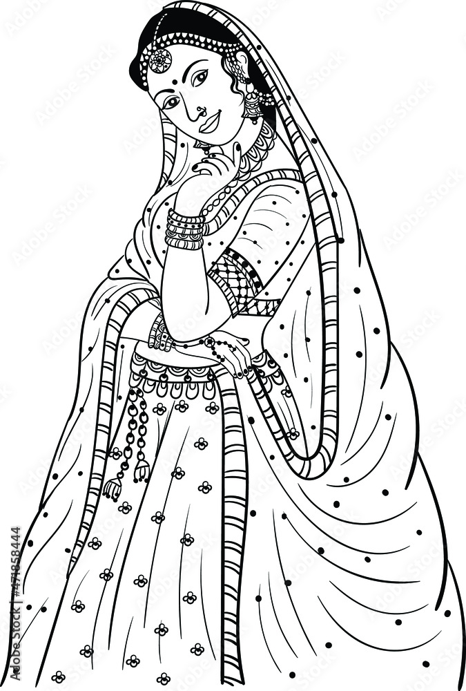 Indian bride black and white line drawing clip art. Indian wedding clip ...