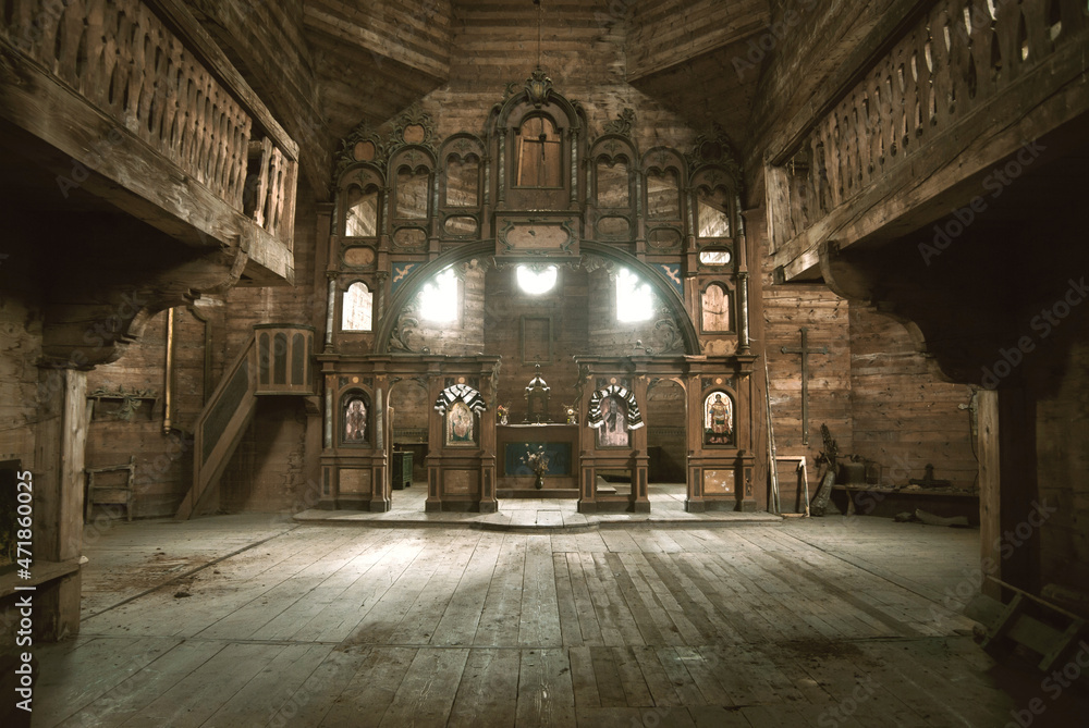 Interior of an old abandoned church somewhere in Eastern Europe. Wooden ...