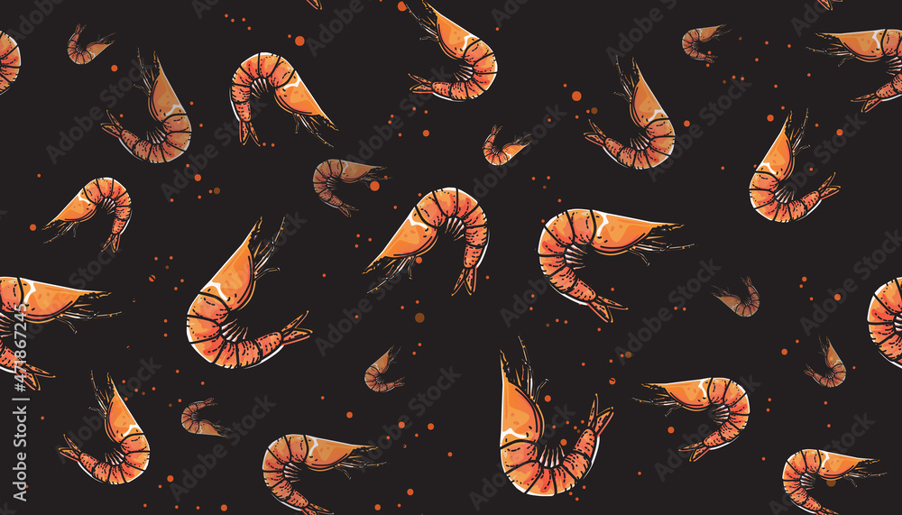 Seamless shrimp pattern on black background. Vector illustration of ...
