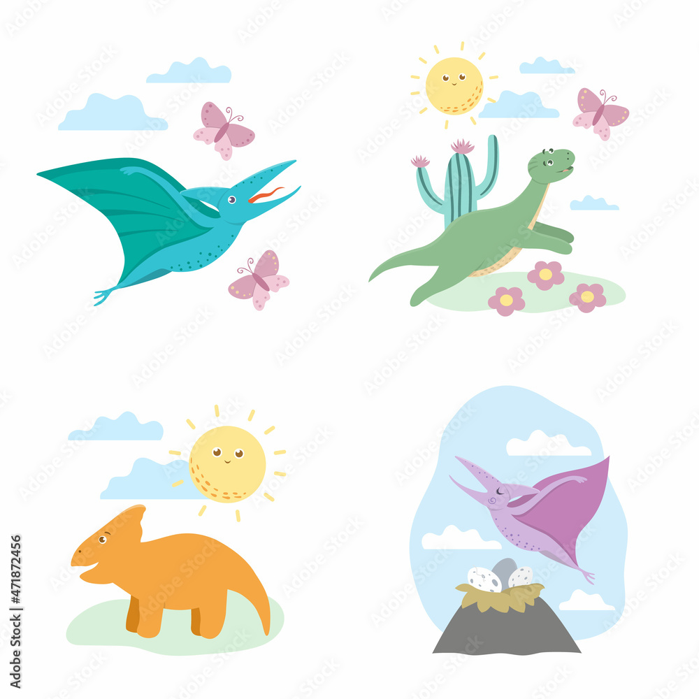 Summer scenes with cute dinosaurs. Illustration with dinos playing ...