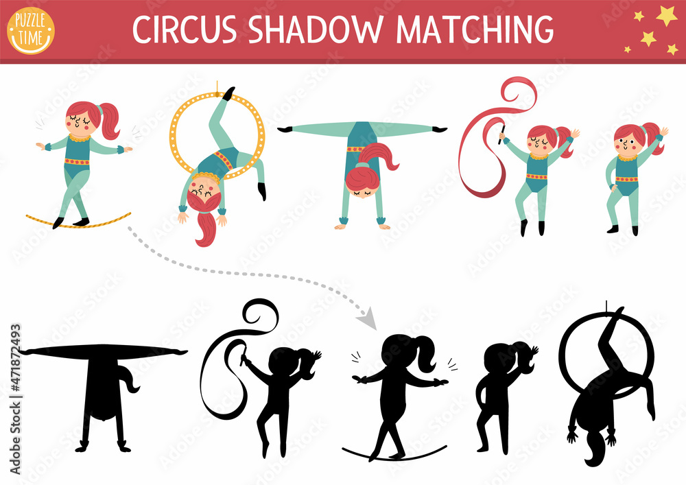 Circus shadow matching activity with cute gymnasts. Amusement show ...