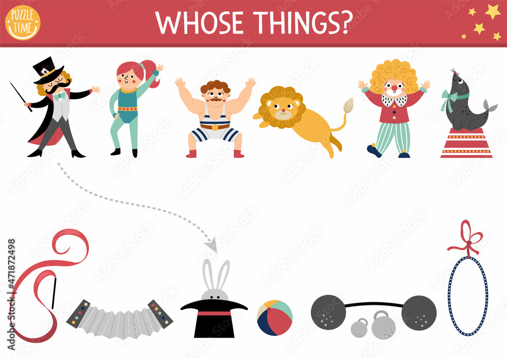 Circus matching activity with cute characters. Amusement show puzzle ...