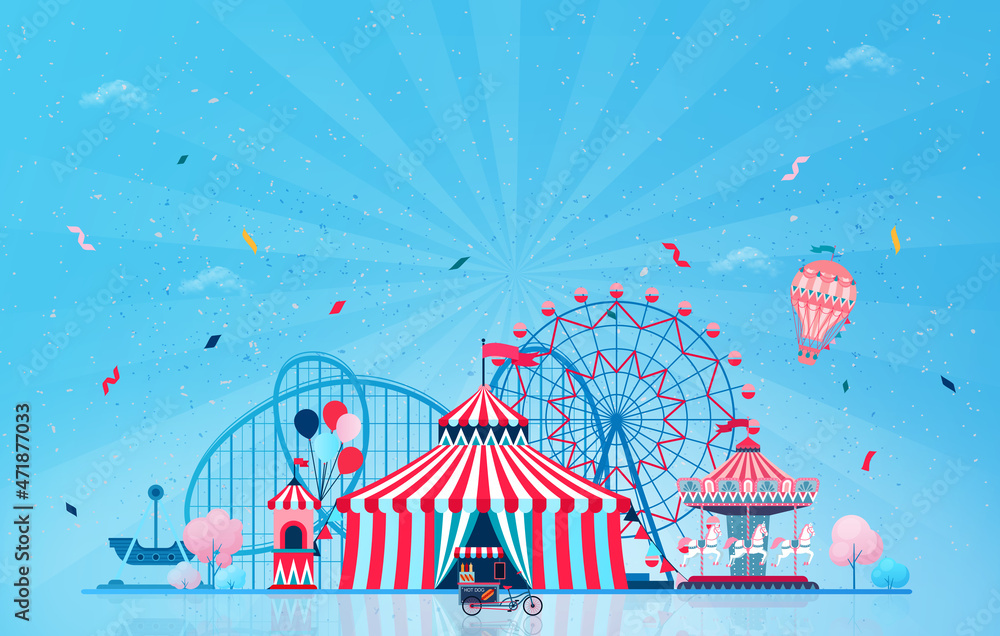 Blue rays Carnival background with carnival games Roller coaster ...