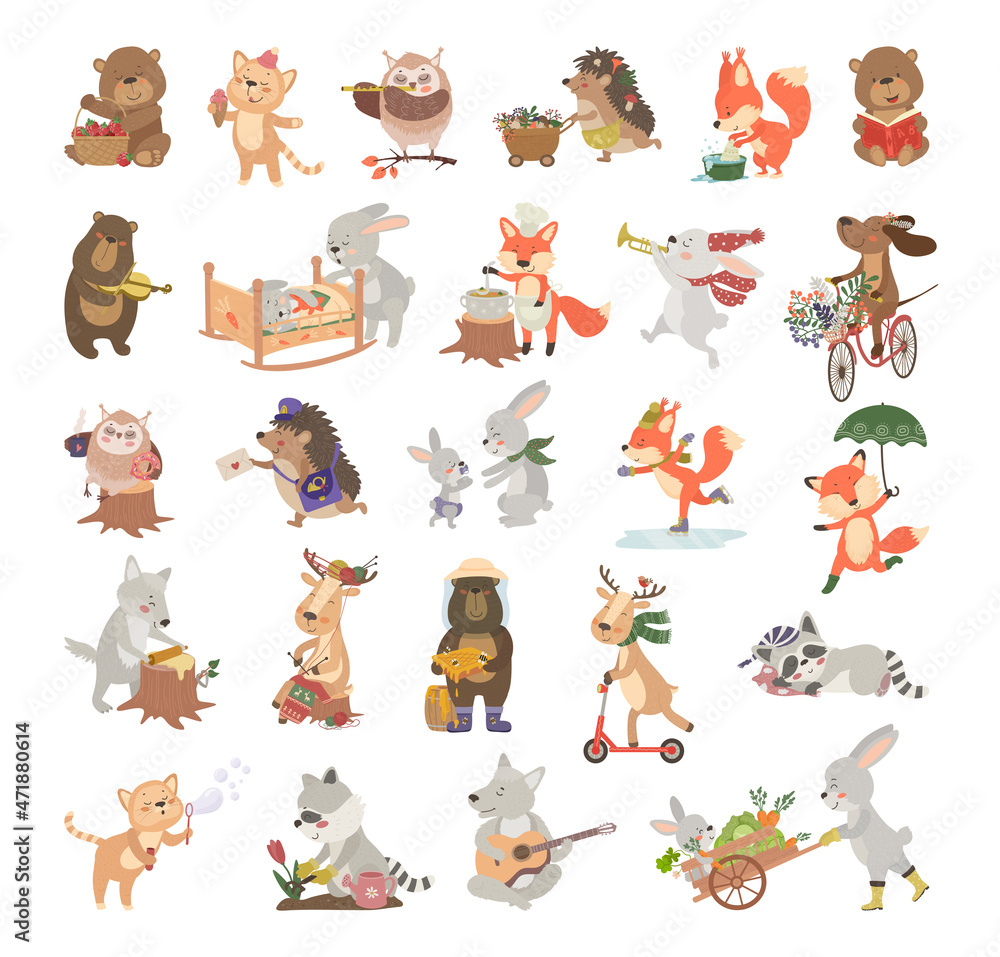 Illustrations of cute animals in cartoon style doing different ...