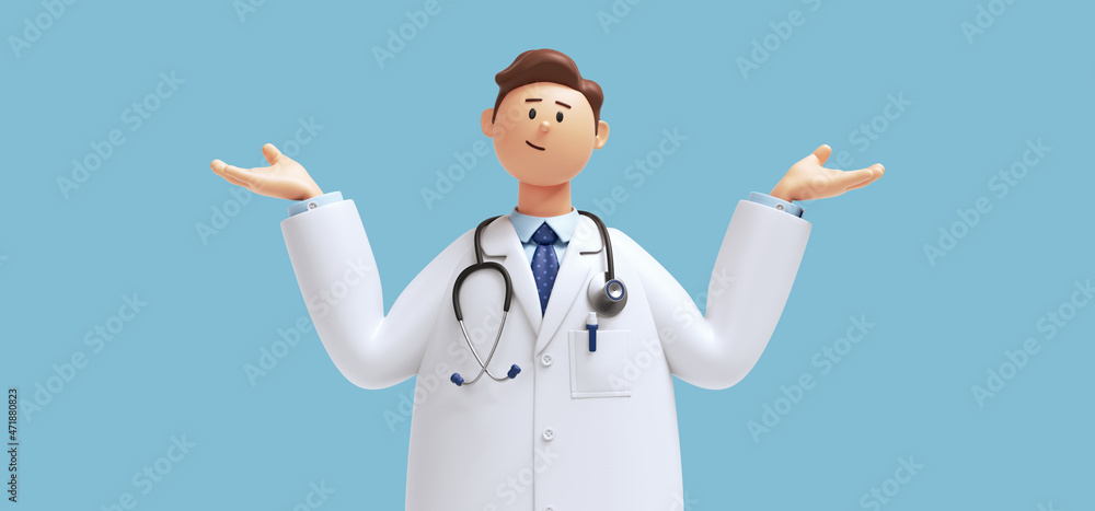3d render. Cartoon character young man doctor with hands up isolated on ...
