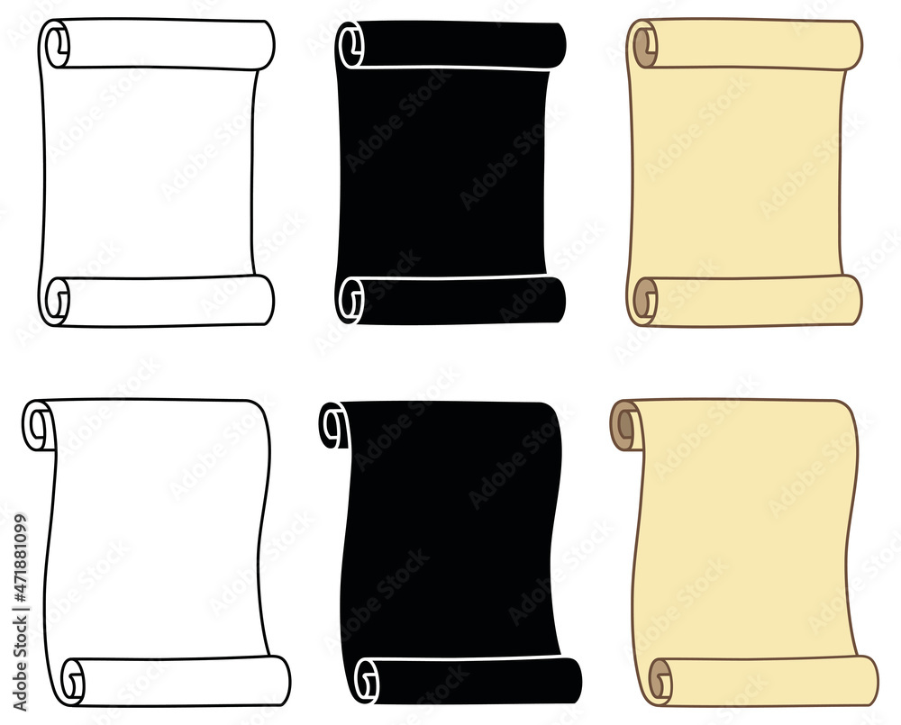 Blank Paper Scroll Template Clipart Set - Outline, Silhouette and Color ...