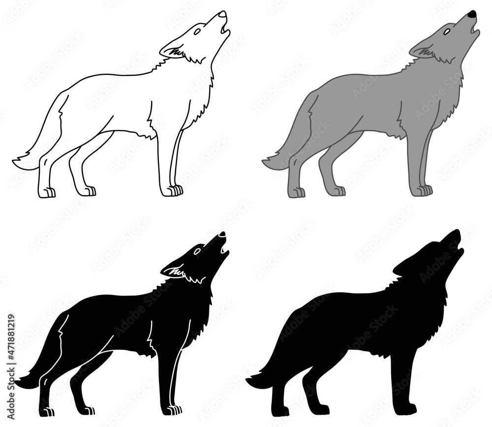 Wolf Howling Clipart Set - Outline, Silhouette and Color Stock Vector ...