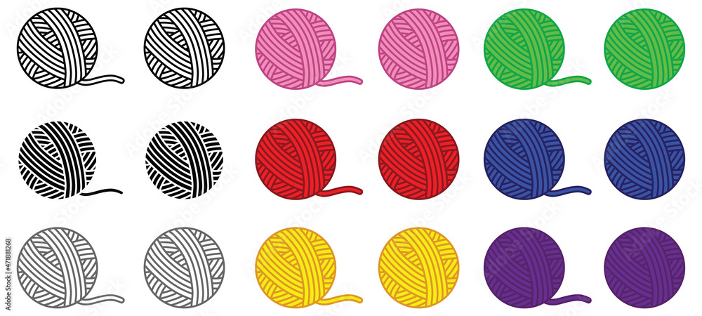 Colored Yarn Ball Clipart Set - With Outline and Silhouette Stock ...
