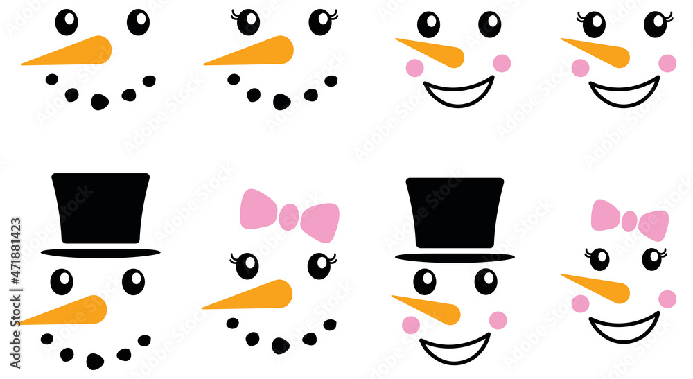 Snowman and Snow Woman Faces Clipart Set Stock Vector | Adobe Stock