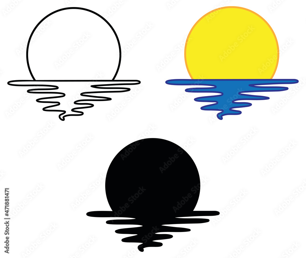 Simple Ocean Water Sunset Clipart Set - Outline, Silhouette and Color ...