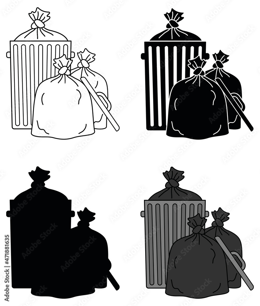 Garbage Can / Trash Pile Clipart Set - Outline, Silhouette and Color ...