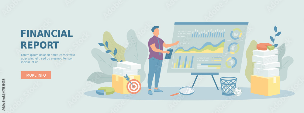 Financial report. Economic statement, audit, accounting. Man makes a ...