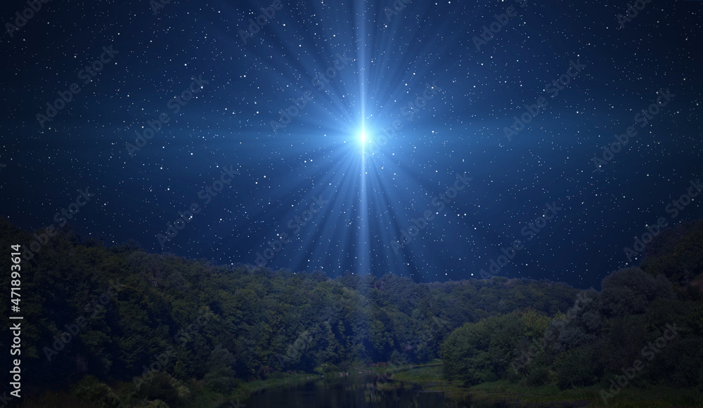 Star of Bethlehem, or Christmas Star over the night forest. A bright ...