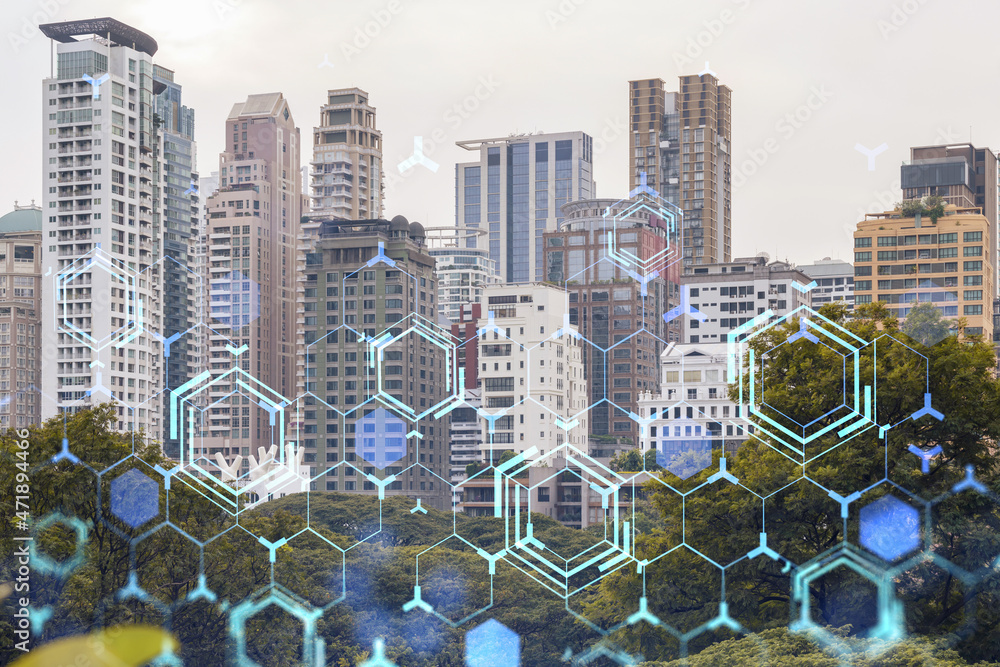 Technology hologram over panorama city view of Bangkok. The largest ...