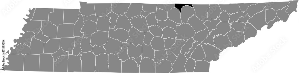 Black highlighted location map of the Pickett County inside gray ...
