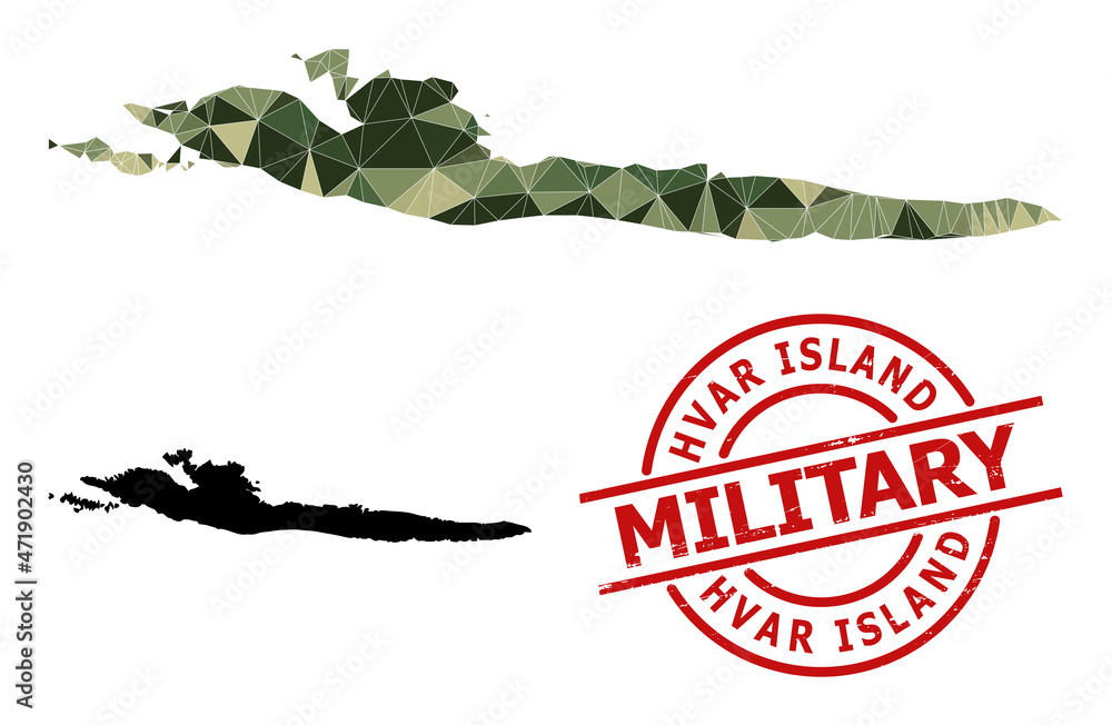 Vecteur Stock Low-Poly mosaic map of Hvar Island, and textured military ...