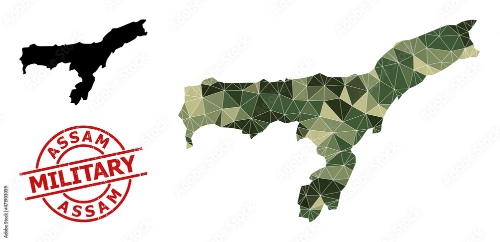 Low-Poly mosaic map of Assam State, and grunge military stamp. Low-poly ...
