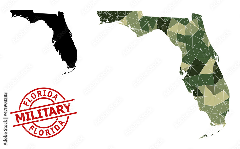 Low-Poly mosaic map of Florida State, and rubber military rubber seal ...