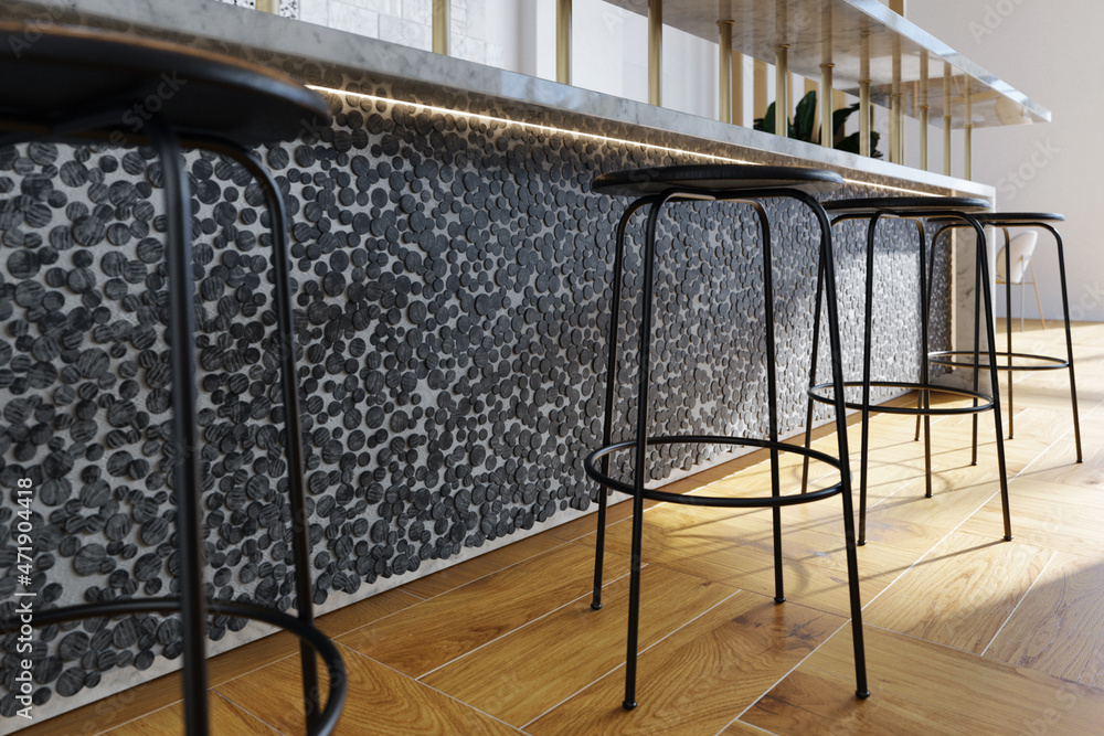 Modern interior design of bar counter at home. The wall is decorated ...
