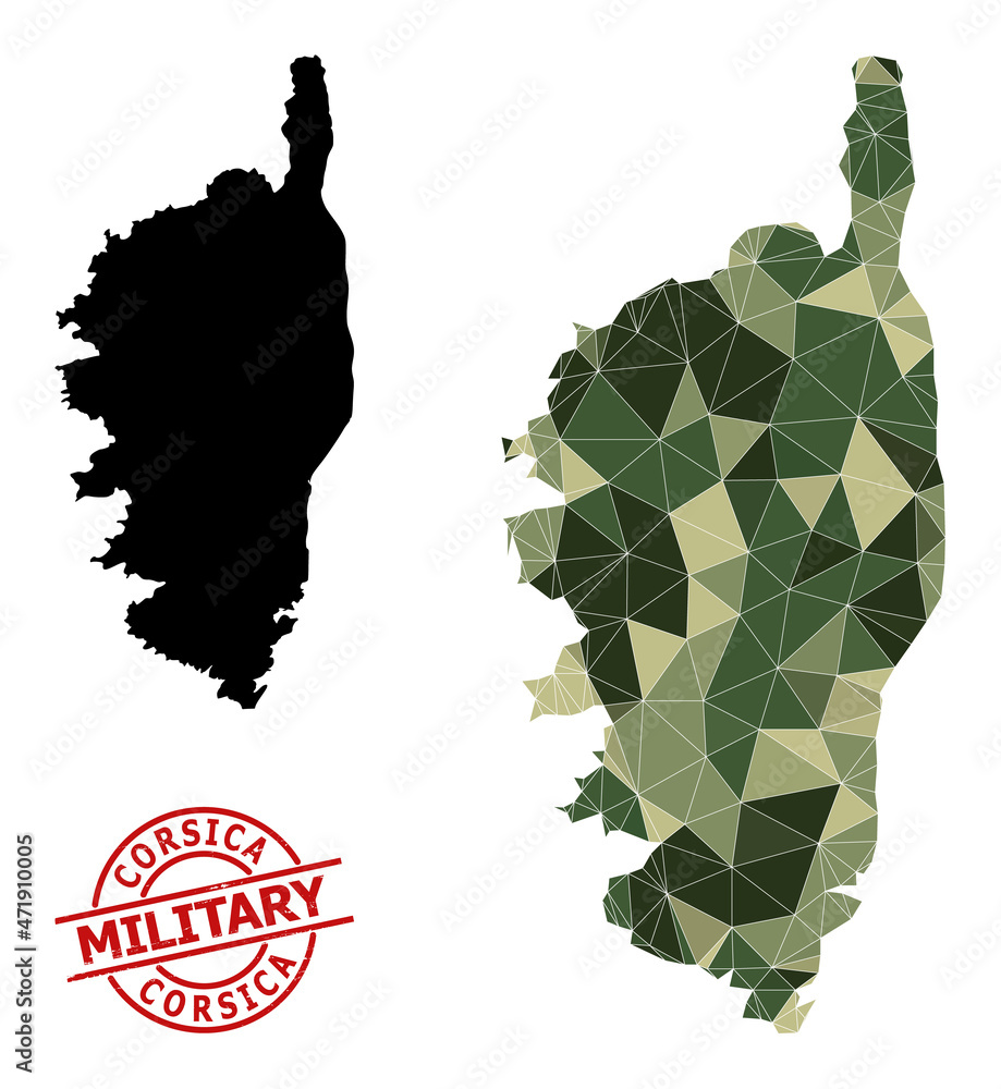 Low-Poly mosaic map of Corsica, and grunge military seal. Low-poly map ...