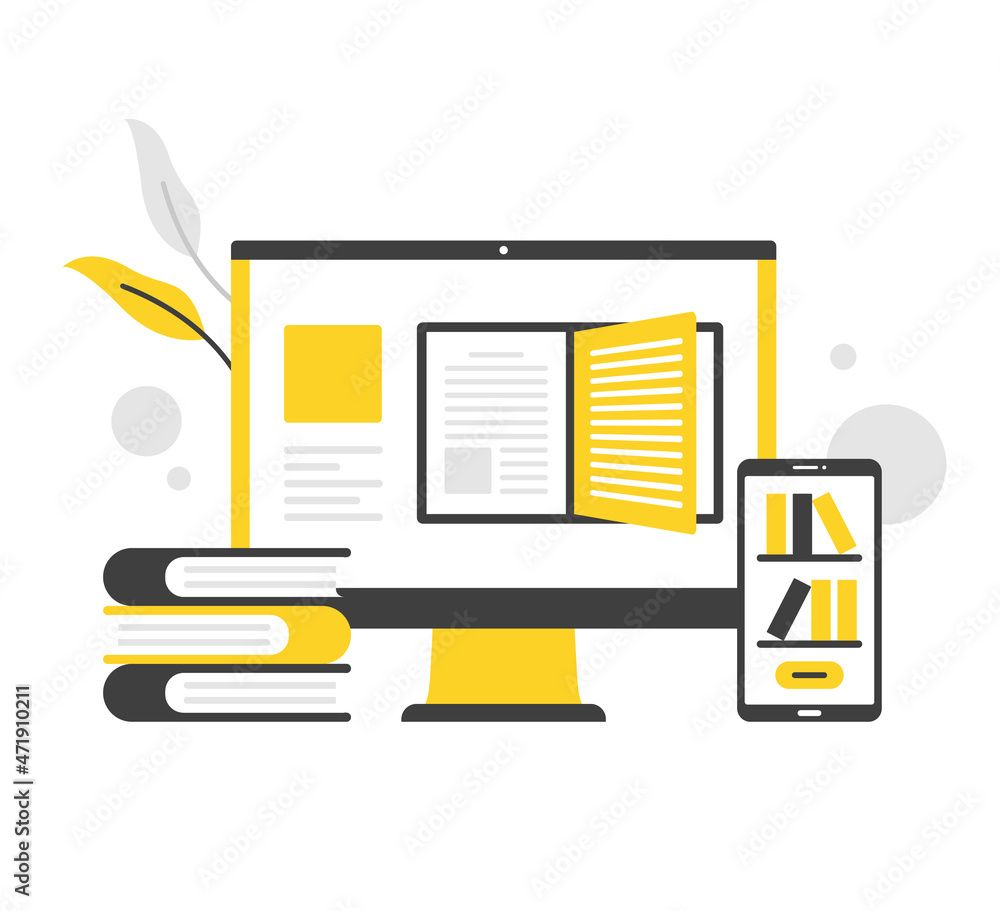 Digital library, online library. Flat vector illustration. Computer ...