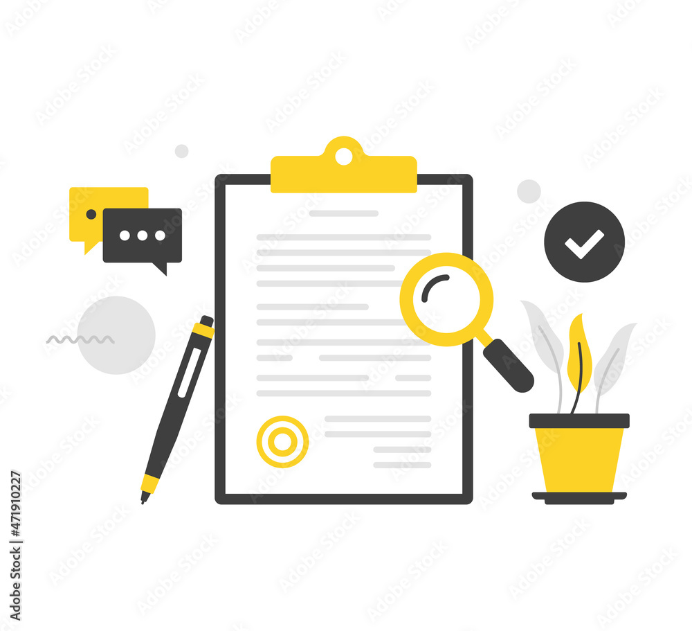 Contract. Flat vector illustration. Clipboard with document, pen and ...