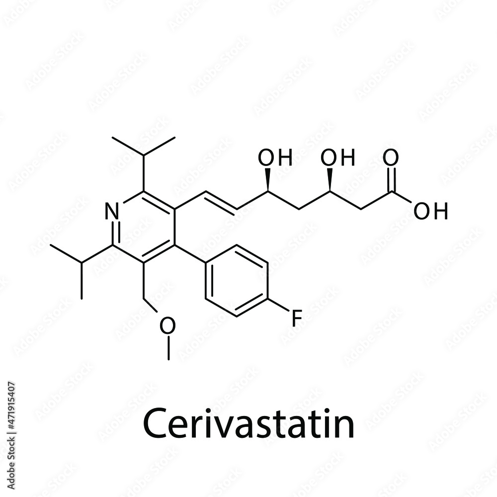Cerivastatin molecular structure, flat skeletal chemical formula ...