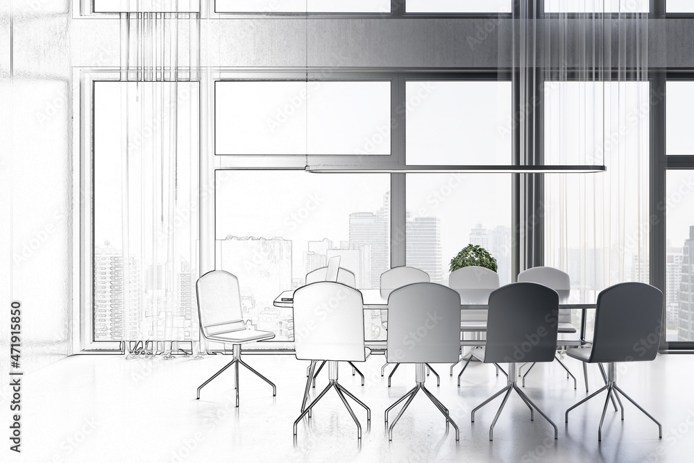 Modern hand drawn meeting room office interior with table, armchairs ...