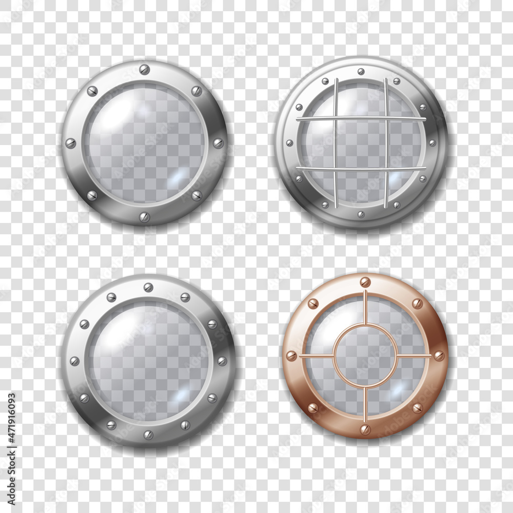 Set of realistic porthole glass window from spaceship submarine ...