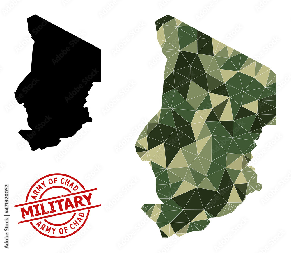 Lowpoly mosaic map of Chad, and textured military stamp seal. Lowpoly ...