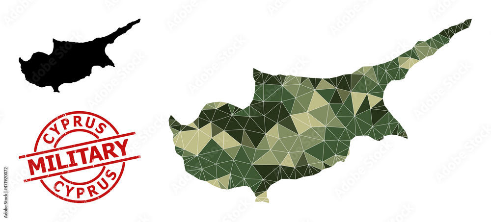 Low-Poly mosaic map of Cyprus Island, and unclean military stamp print ...