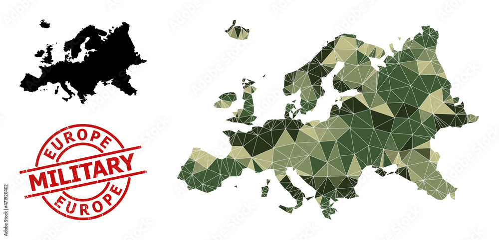 Low-Poly mosaic map of Europe, and rubber military stamp print. Low ...
