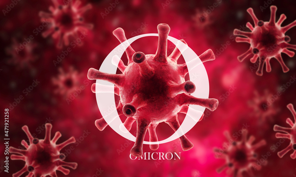 Omicron COVID-19 variant poster, 3d illustration. Microscopic view of ...