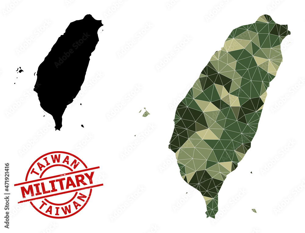 Low-Poly mosaic map of Taiwan, and scratched military seal. Low-poly ...