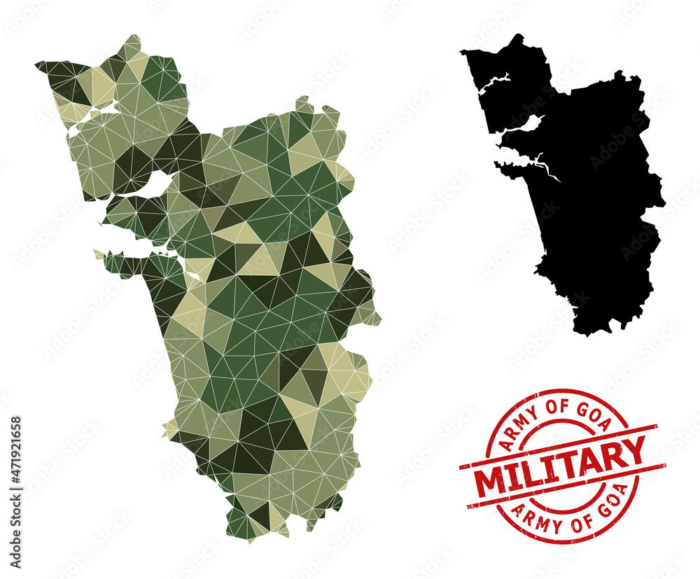Low-Poly mosaic map of Goa State, and distress military stamp seal. Low ...