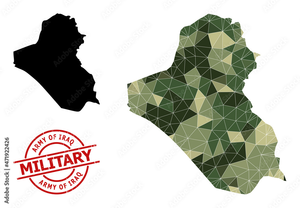 Polygonal mosaic map of Iraq, and rubber military stamp seal. Lowpoly ...