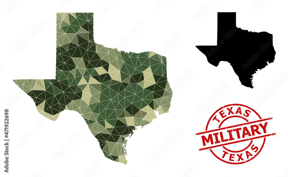 Lowpoly mosaic map of Texas State, and scratched military stamp print ...