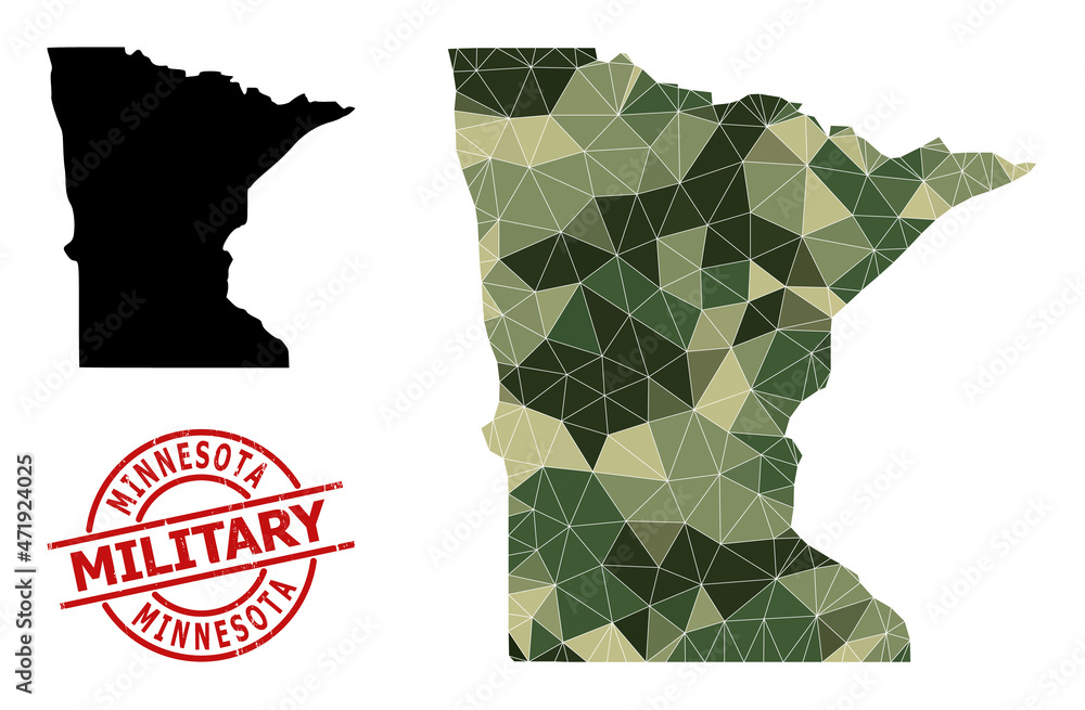 Lowpoly mosaic map of Minnesota State, and grunge military rubber seal ...