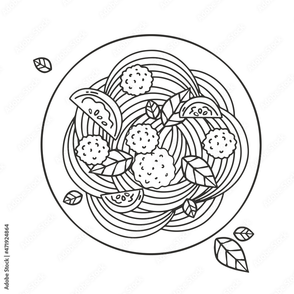 Graphic image in the form of coloring. Pasta with meatballs is a ...