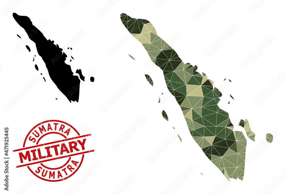 Low-Poly mosaic map of Sumatra Island, and unclean military stamp print ...