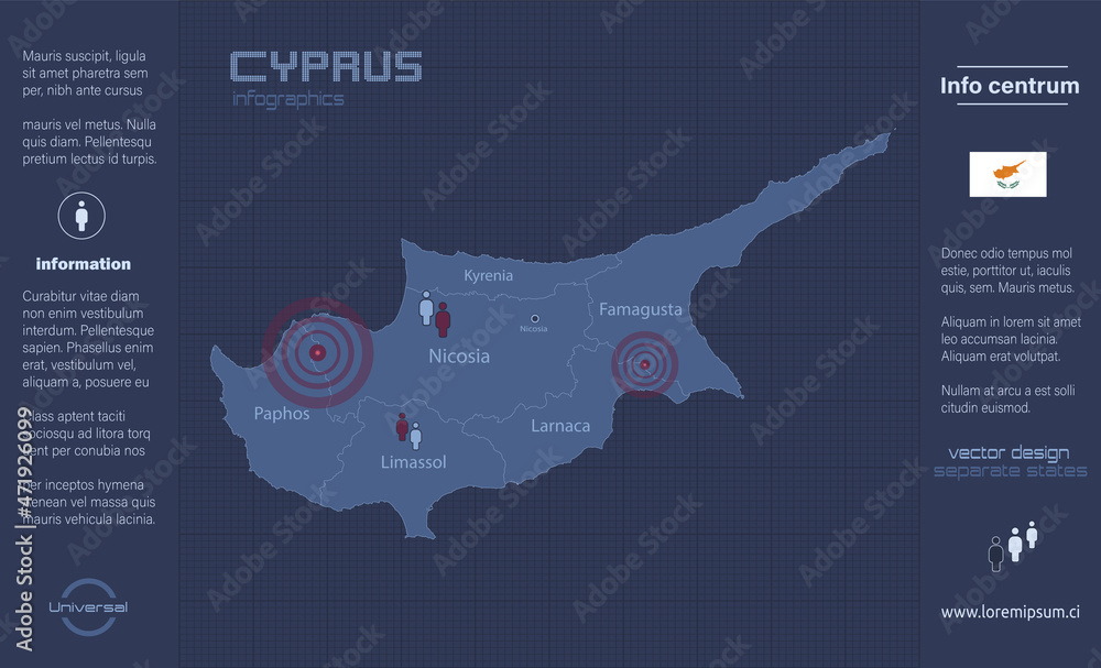 Cyprus map, separate regions with names, infographics blue flat design ...