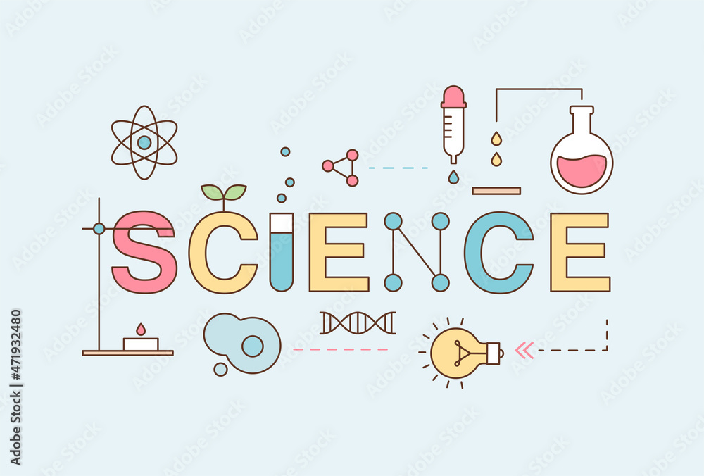 SCIENCE text composed of laboratory equipment and icons. flat design ...