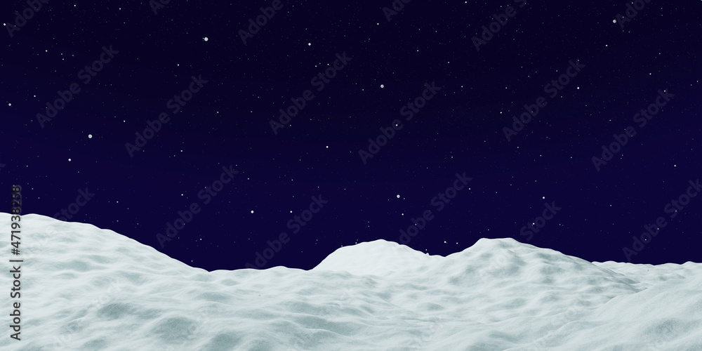 Night winter landscape and falling snow, 3d render. Christmas snowfield ...
