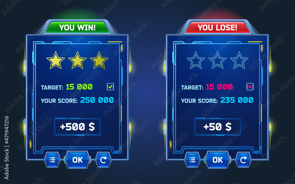 Game menu you win and lose space gamer ui glow panel with buttons. Ski ...