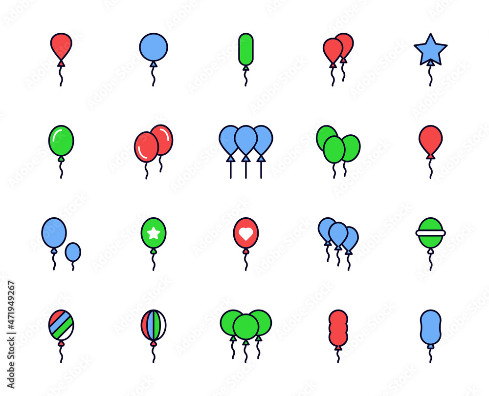 Ballloon set line icons in flat design with elements for web site ...