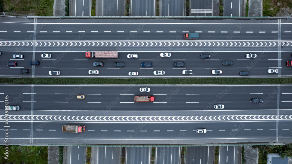 Top down aerial view from drone on modern traffic junction of multiple ...