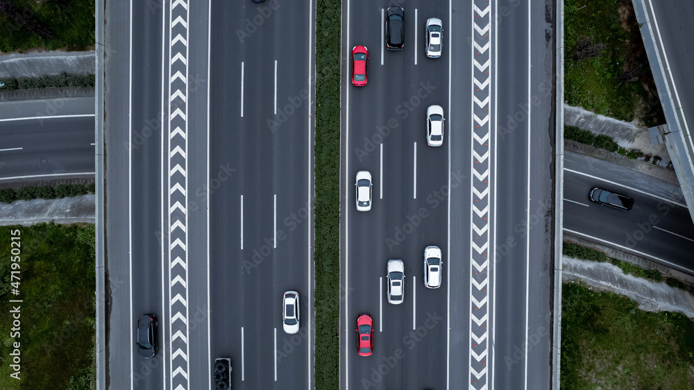 Top down aerial view from drone on modern traffic junction of multiple ...