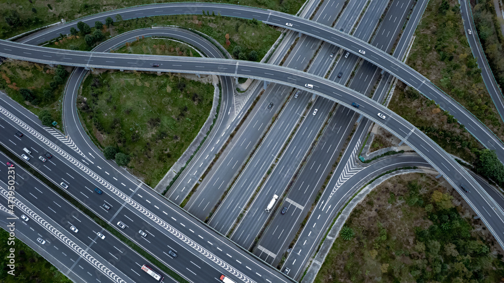 Top down aerial view from drone on modern traffic junction of multiple ...