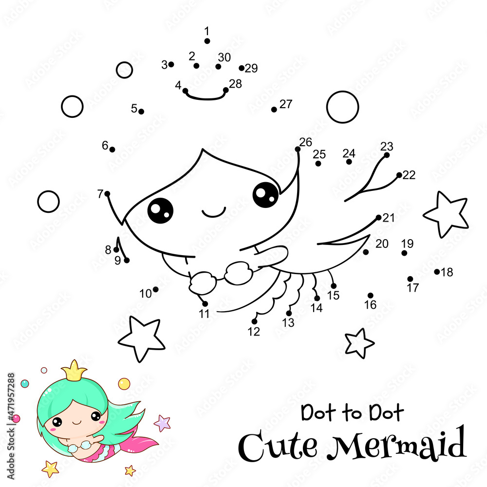 Connect The Dots and Draw Cute Mermaid. Dot to dot puzzle with cartoon ...