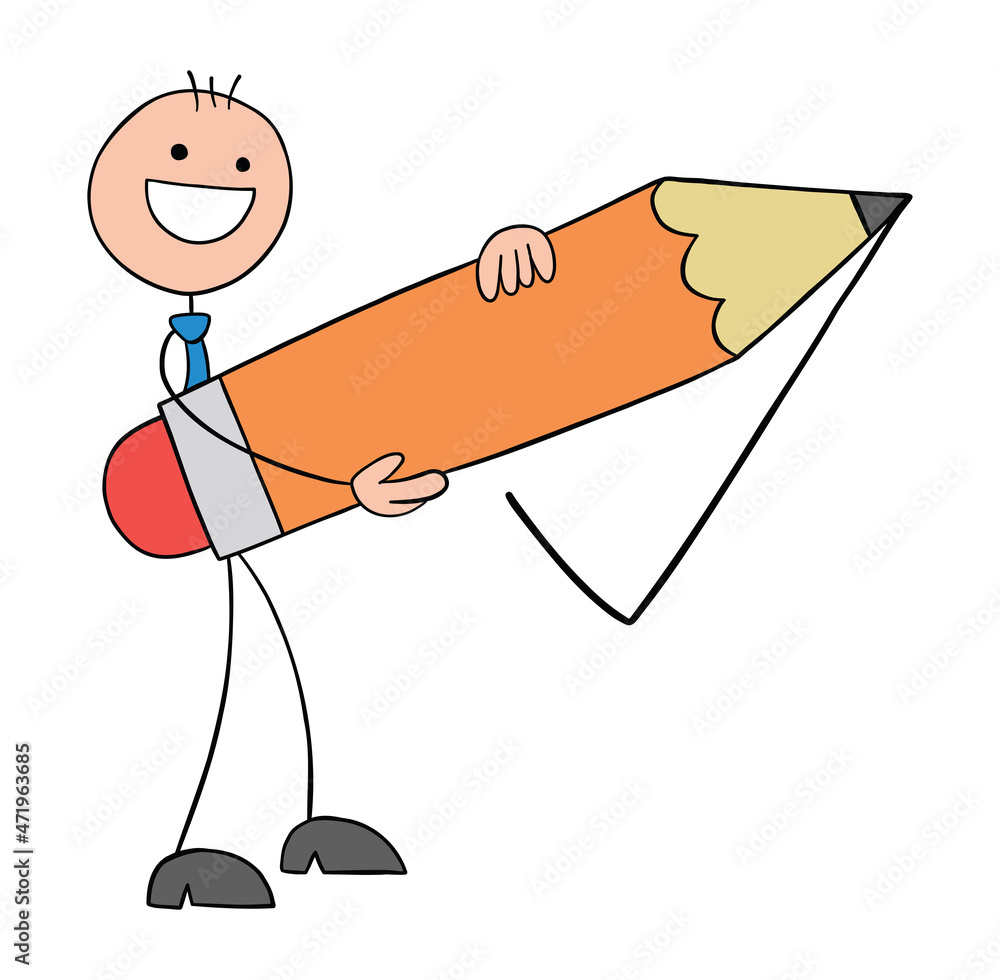 Approve, stickman businessman is holding a pencil and drawing a check ...